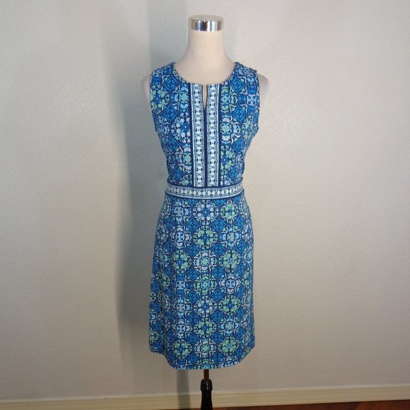 Talbots | Dresses | Talbots Blue White Medallionfloral Print Sleeveless ...